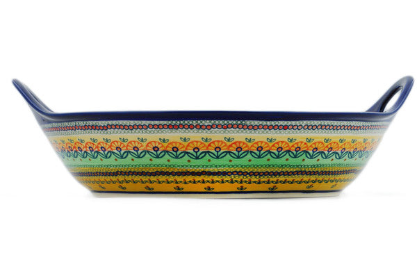 Polish Pottery 15-inch Bowl with Handles Prairie Sunrise UNIKAT ...